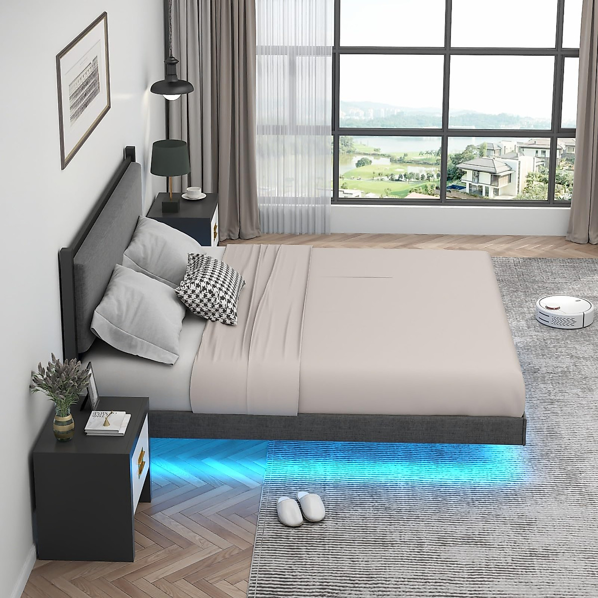 Gyfimoie Queen Floating Bed Frame with LED Light, Modern Upholstered Platform Bed Frame with Double Beams, No Box Spring Needed, Innovative Stable Structure, Easy Assemble