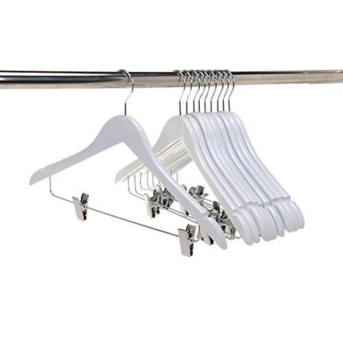 Quality Wooden Skirt Hangers with Clips, 10-Pack Smooth Solid Wood Pants Hangers with Durable Adjustable Metal Clips, Swivel Hook, Coat, Jacket, Blouse Suit Hangers (White, 10)