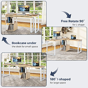 IULULU Computer Desk, 360° Rotating Corner L Shaped Table with Storage Shelves, Home Office Study Writing Workstation Space-Saving