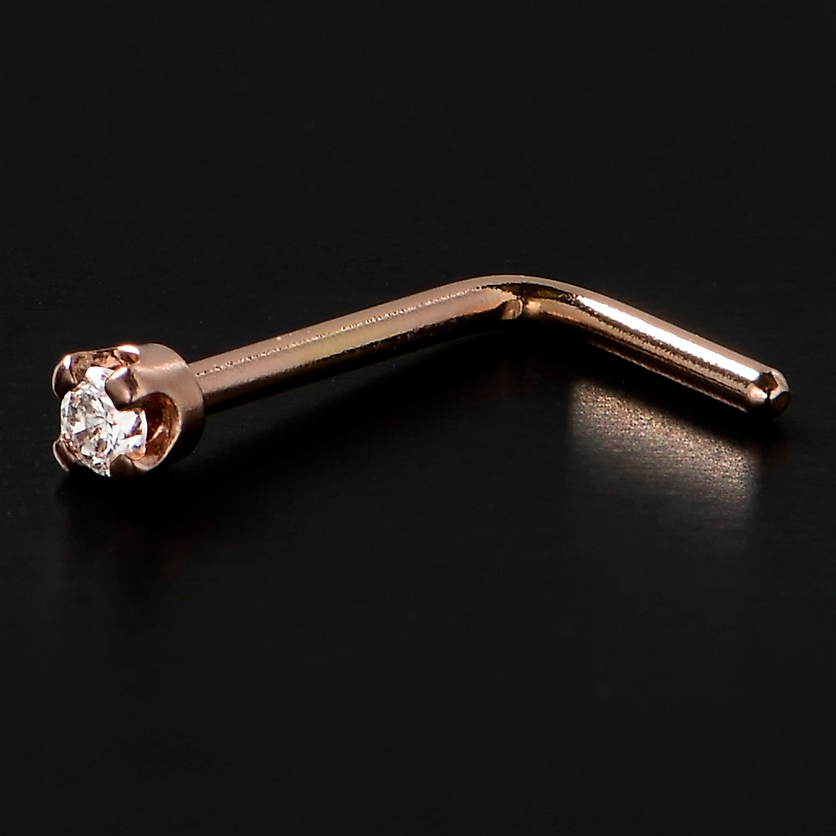 Body Candy 20 Gauge 1/4" at Bend 14k Rose Gold 1.5mm Diamond (0.015 cttw) L-Shaped Nose Ring Nose Stud
