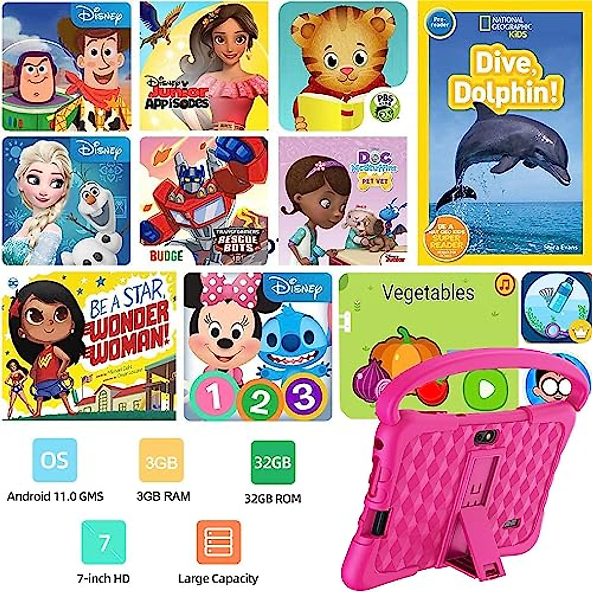 NORTH BISON Kids Tablet, 7 inch Android 11.0 Tablet for Kids, 3GB RAM 32GB ROM Toddler Tablet with Bluetooth, WiFi, GMS, Parental Control, Dual Camera, Shockproof Case, Educational, Games