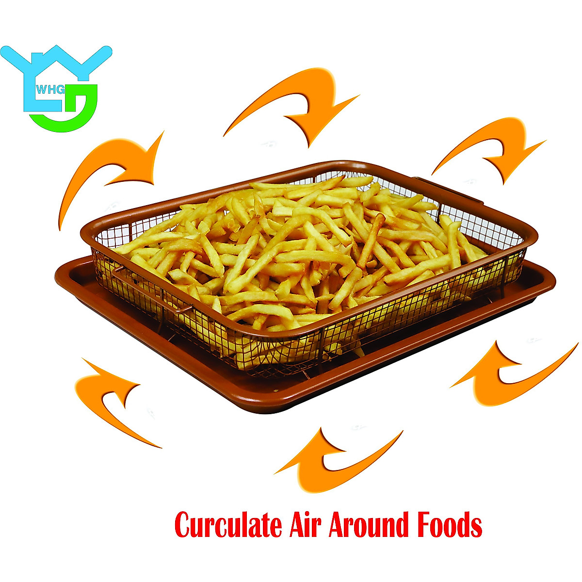 Deluxe Copper Crisper - 2-Pieces Nonstick Oven Air Fryer Pan/Tray & Mesh Basket Set - Air Fryer in Oven - Ideal for French Fry - Frozen Food, Baking Sheet without Oil - Bonus Pizza Cutter - WHG