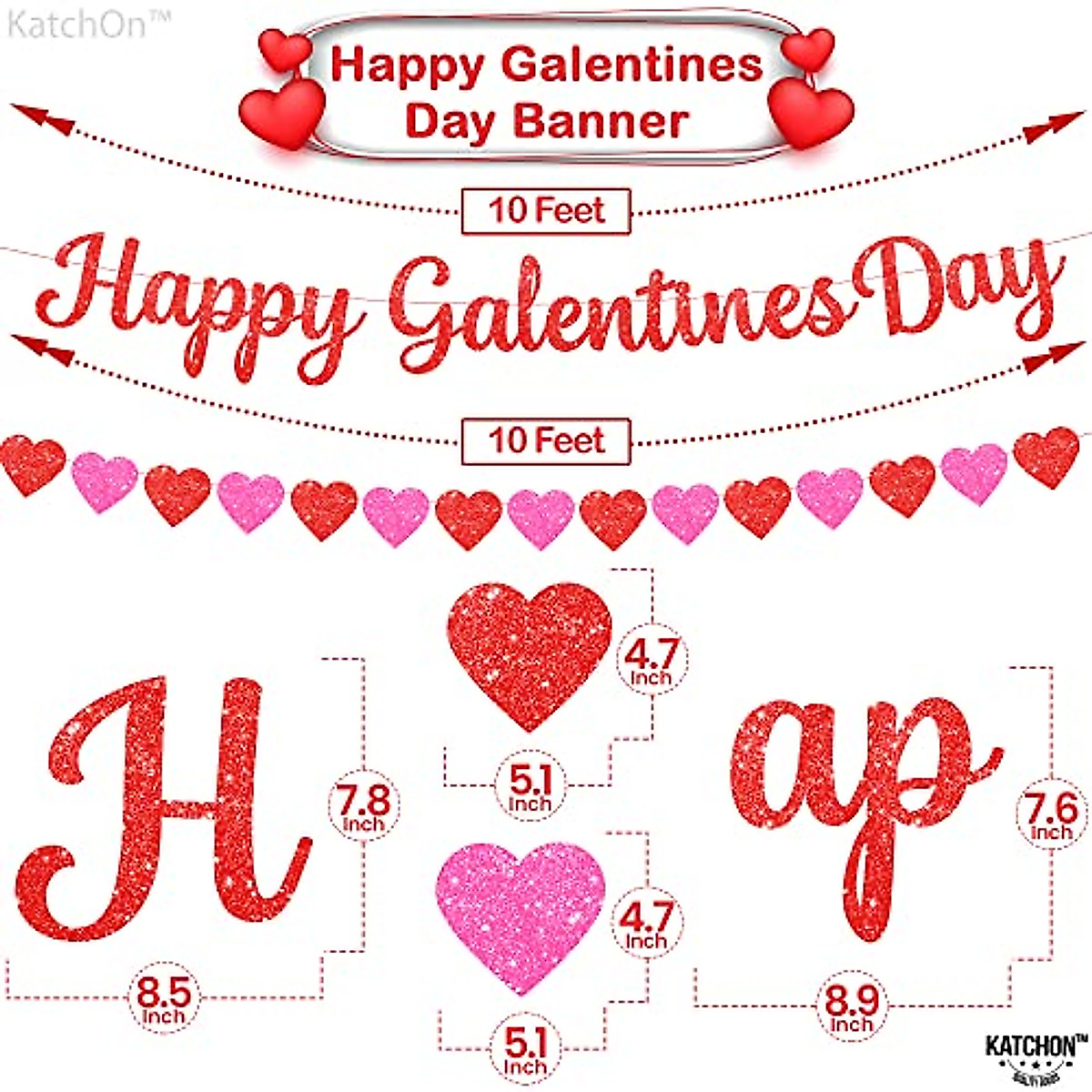 Glitter, Red Happy Galentines Day Banner - 2 Strings, No DIY | Happy Galentines Day Decorations | Galentines Day Party Favors for Be My Galentine Decor | Galentine's Day Decorations, Galentines Décor
