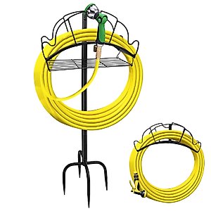 AUHOKY Freestanding Garden Hose Holder 4 Spiky Feet, Heavy Duty Deatachable Outdoor Garden Hose Holder Stand with Tools Storage Basket, Decorative Water Pipe Reel Organizer for Yard Lawn Patio (Iron)