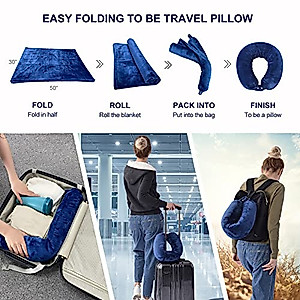 SOCHOW Travel Blanket or Neck Pillow, 2-in-1 Soft Fleece Blanket with Neck Pillowcase Sets for Airplane Car Camping and Office, Navy Blue