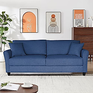 mikibama Linen Fabric Sofa 85 Inches Mid-Century Modern Couch 3 Seater Sofa with 2 Throw Pillows Upholstered Sofa with Rolled Armrest for Living Room, Apartment, Bedroom (Dark Blue)