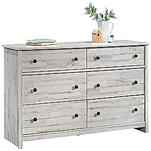 Sauder River Ranch Rustic 6-Drawer Bedroom Dresser in White Plank, White Plank Finish