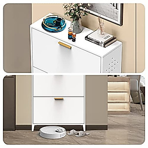 Omethey Shoe Cabinet with 3 Flip Drawers, Metal Shoe Storage for Entryway, Wall-Mounted/Floor Mount Shoe Cabinet, Metal Legs-Great for Sneakers, Heels, Boots and Plus Size Shoes (White)