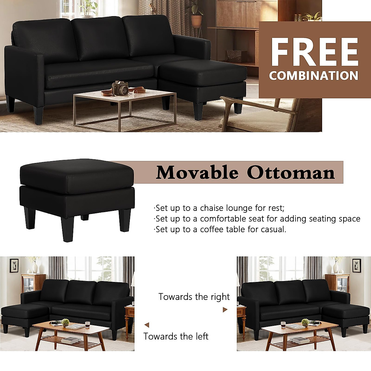 LEISU L Shaped Leather Sectional Sofa with Chaise for Small Space,Living Rooms Convertible Couch,Modern Modular Furniture Sets Suitable for Home,Apartments,Dorm,Bonus Living Room(Black)