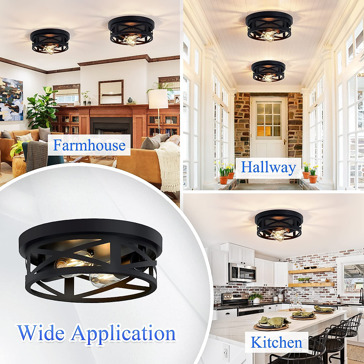 SKEJAO Flush Mount Ceiling Light Fixture,Black 2-Light Hallway Light Fixtures Ceiling,Light Fixtures Ceiling Mount for Farmhouse,Kitchen,Hall (2 Pack)