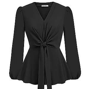 Black Peplum Tops for Women V Neck Tie Front Long Sleeve Shirts Tops Dressy L