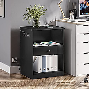 EPHEX Set of 2 Nightstand with Charging Station and Drawer, End Side Table with USB Ports & Power Outlet, Bedside Table Storage Cabinet with 2 Open Drawers for Bedroom, Black