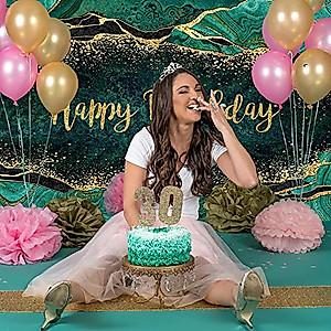 Crefelimas Emerald Green Happy Birthday Backdrop Green and Gold Birthday Party Decorations Turquoise Abstract Marble Fluid Men Women Birthday Background Props……