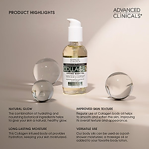 Advanced Clinicals Firming Collagen Body Oil Skin Care Moisturizer | Massage Body Oil | Tighten, Firm, & Hydrate Collagen Oil For Scars, Wrinkles, Crepey Skin, & Stretch Marks, 3.8 Fl Oz