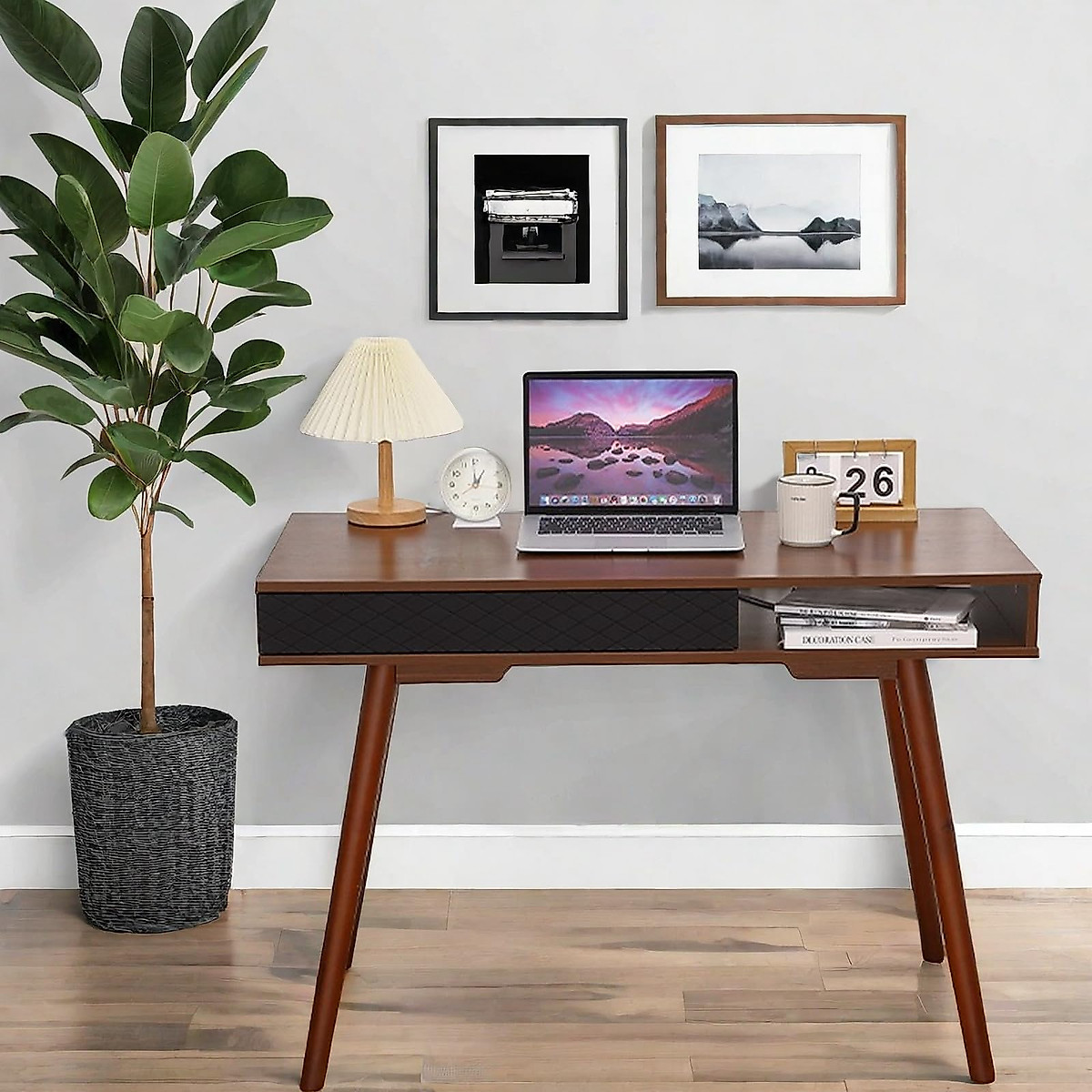 GarveeHome 42 Inch Mid Century Home Office Writing Desk, Modern Simple Computer Desk with Drawer and Open Storage Cubby, Small Vanity Table Desk for Bedroom, Walnut
