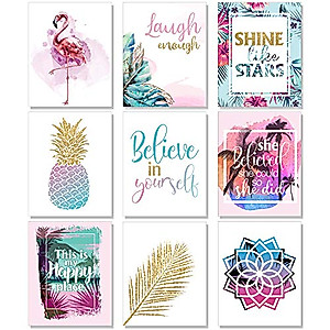 Outus Set of 9 Inspirational Prints Teen Girl Room Wall Art Flamingo Pineapple Leaf Motivational Phrases Posters Girls Bedroom Home Decorations Unframed