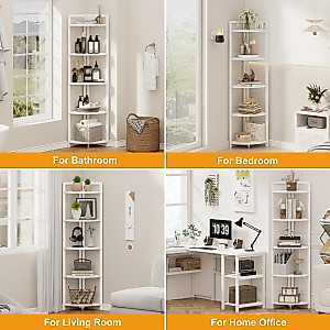 FATORRI Tall Corner Shelf, 5 Tier Modern Corner Bookshelf Stand, Wood and Metal Corner Plant Bookcase for Living Room, Corner Space (White Oak)