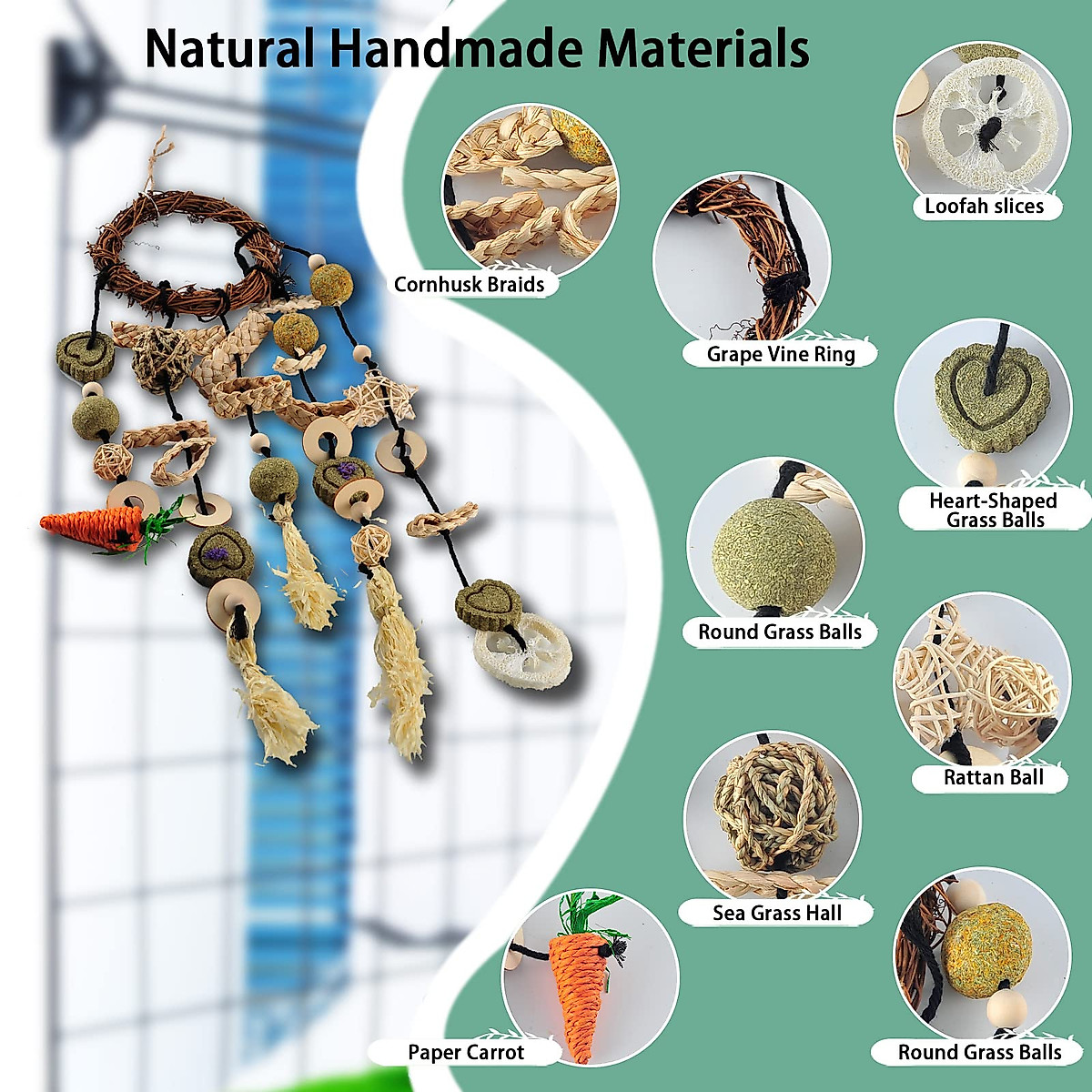 DAMPET 5 Strings， Bunny Teeth Grinding Chew Toys, Rabbit Cage Hanging Chew Toys, All Natural Materials for Guinea Pigs, Hamsters, Rabbits and Rats