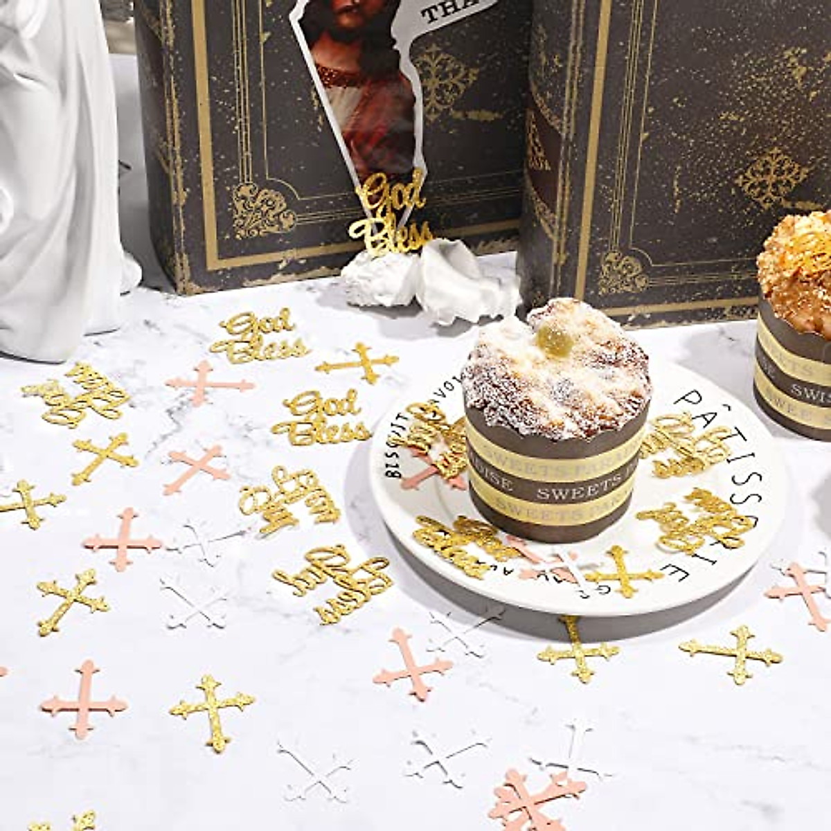 300 Pieces Glitter Cross Confetti God Bless Confetti Table Confetti Cross Decorations for Baptism Party Baby Shower Birthday Gender Reveal First Communion Party Supplies (Pink, Gold, White)