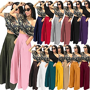 Famnbro High Waisted Pants for Women Maxi Length Loose Wide Leg Trousers Palazzo Pants Green