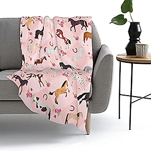 Horse Blanket for Girl Horse Gift for Girls Women Cute Horses Flowers Fleece Flannel Throw Blankets Soft Lightweight Plush Pink Blanket for Horse Lovers Decor Bed Sofa 50"x40"