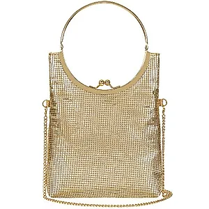 Venoline Clutch Purses for Women with Top Handle Mesh Circular Evening Sparkly Crossbody Handbag Party Prom Wedding Gold