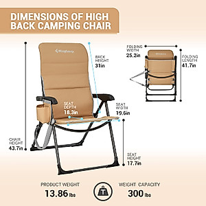 KingCamp Reclining Camping Folding Chair, Padded Lumbar Support Heavy Duty High Back Adults Chairs with Carry Strap Pocket for Garden Lawn Patio Outdoor Camp