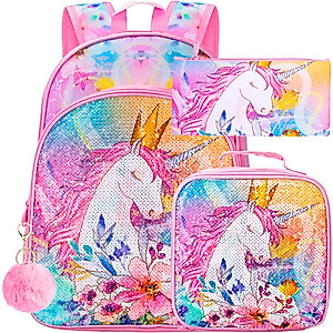 WZLVO 3PCS Unicorn Backpack for Girls, 16” Kids Sequin Bookbag, Elementary Preschool School Back Packs and Lunch Box