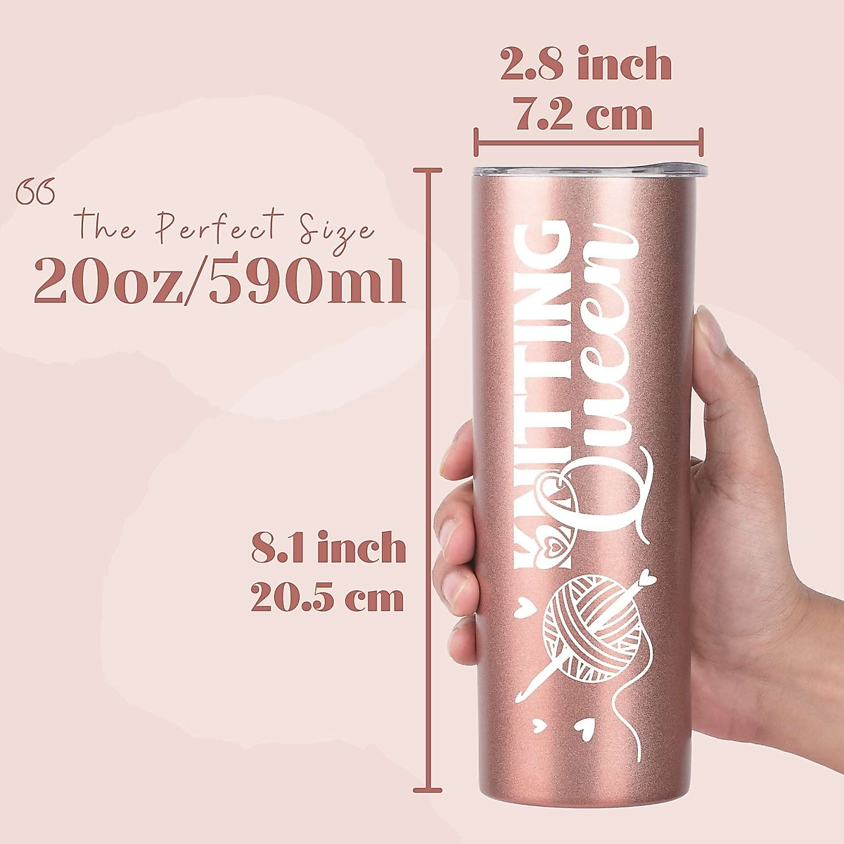 Onebttl Knitting Gifts for Women, Crochet Lovers - Knitting Queen - 20oz/590ml Stainless Steel Insulated Tumbler with Straw & Lid, Crochet Gift for Birthday, Christmas (Rose gold)
