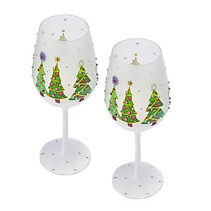 Winter Birthday Themed Stemmed Wine & Water Glasses - Set of 2 - Shining Holiday Red Green Yellow Silver, Holidays Parties Glassware - Xmas Tree - Set of 2, 17.5oz - New years Eve Festive Glass