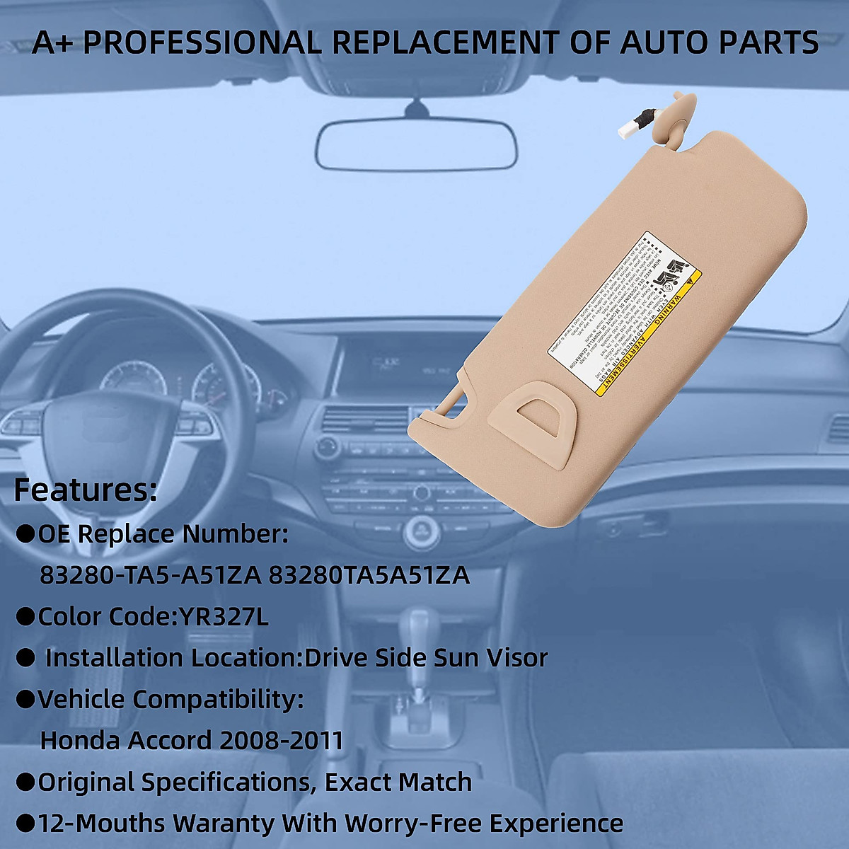 Dasbecan Beige Left Driver Side Sun Visor with Light Compatible with Honda Accord 2008 2009 2010 2011 2012 Replaces# 83280-TA5-A51ZA 83280TA5A51ZA
