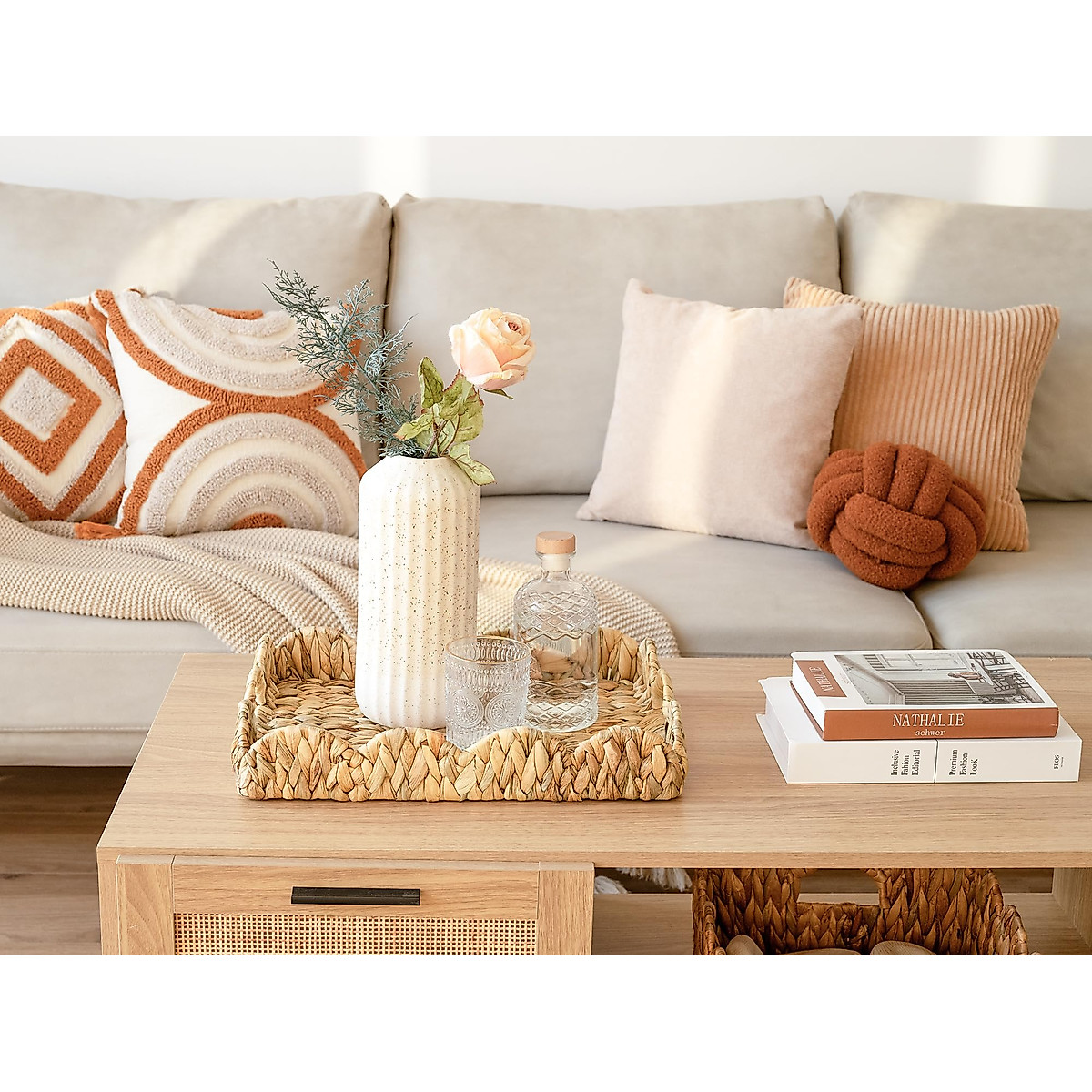 StorageWorks Scalloped Tray, Wicker Tray with Handles, Woven Square Rattan Tray, Scallop Basket Table Décor Trays, Water Hyacinth Rattan Serving Tray for Ottoman Decorative and Organizer Trays