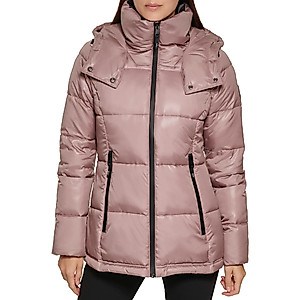 Kenneth Cole Women's Zip Down Puffer with Button Hood, BARK, X-Small