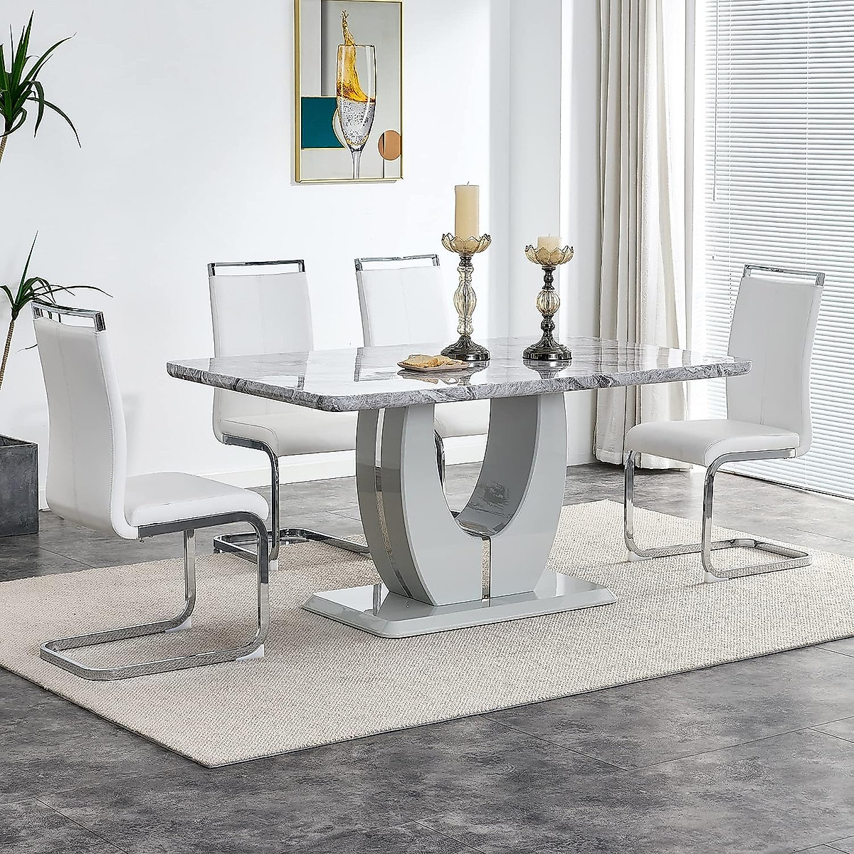 Pvillez 5 Piece Modern Mid-Century Dining Table Set for 4 People, Grey Marble Grain Wood Table and 4 PU Leather Upholstered Chairs, Home Kitchen Furniture