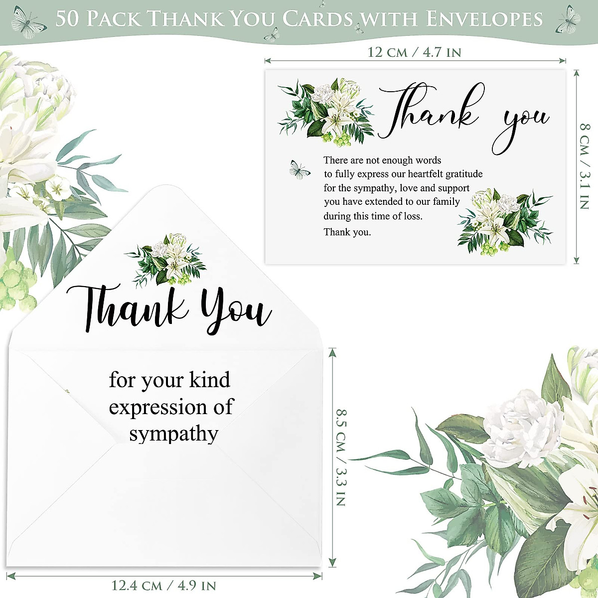 Marspark 50 Pack Thank You Sympathy Cards Funeral Thank You Cards with Envelopes and Message Memorial Card Sympathy Cards Greenery Bereavement Cards for Funeral Family Friends Loved Ones (Lily)