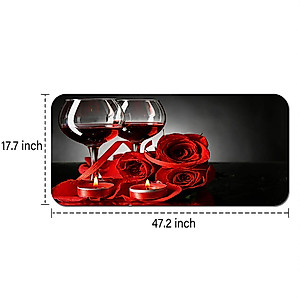 Home Decor Personalized Memory Foam Anti-Fatigue Kitchen Floor Mat,red Wine in Glasses red Rose and Decorative Heart on Dark,Comfort Office Standing Area Rug Carpet Non Slip,47.2" x 17.7"