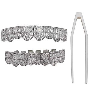 Fashionable Metal Gold Teeth Decoration Plating Teeth Hip Hop Style Tooth Brace Set for Gift for Halloween for Men for Cosplay for Women for Party(Silver)