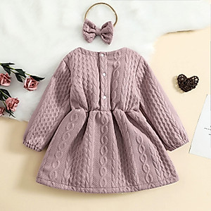 Baby Girl Knit Dress Long Sleeves Sweater Dress Toddler Fall Winter Outfits with Bowtie (Pink, 6-12 Months)
