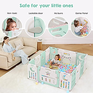 Baby Playpen, Dripex Foldable Playpen for Babies and Toddlers, Custom Shape Baby Fence, Safety Play Yard with Gate, Portable Play Area for Indoor or Outdoor, Light Green White, 14 Panel