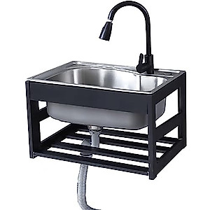 ZTGL Stainless Steel Commercial Sink Single Bowl Wall Mount Sink Rectangular with Pull-out Faucet and Storage Shelves Free Standing Utility Sink for Restaurant Kitchen Laundry Garage,58x43cm