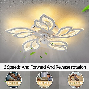 haodengshi 25" Modern Ceiling Fan with Lights and Remote Control, White Geometric Ceiling Fan with Lights, 3 Light Color 6 Speeds Flush Mount Low Profile Ceiling Fan for Bedroom Kitchen