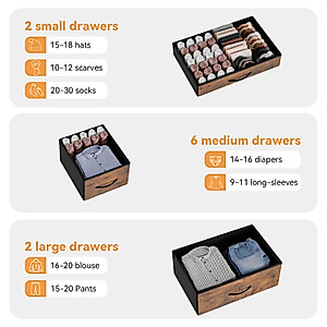 Jojoka Wide Dresser with 10 Large Drawers for 55'' Long TV Stand with Power Outlet Entertainment Center, Storage Fabric Drawer Unit for Bedroom, Closet, Entryway, Sturdy Metal Frame, Rustic Brown