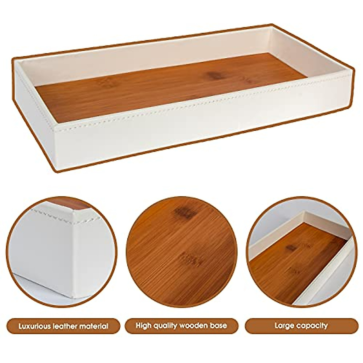 J JACKCUBE DESIGN Leather Bamboo Vanity Tray, Bathroom Organizer, Catch All Valet Tray for Women Perfume, Jewelry, Makeup, Candles, Key, Phone, Sunglasses (White)- MK205B