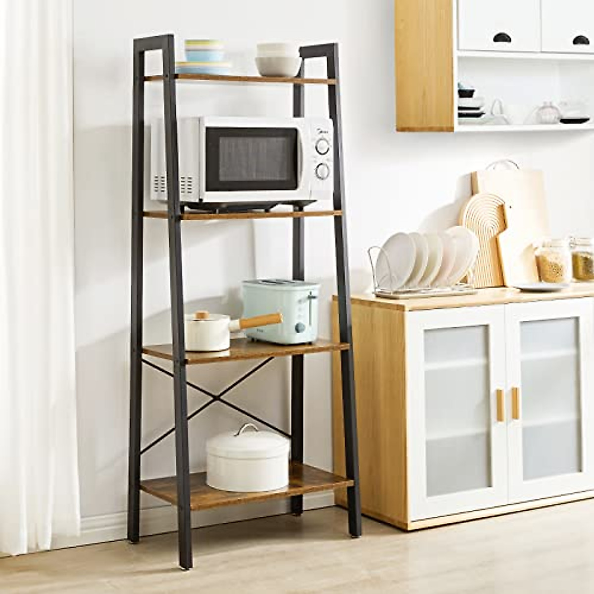 YMYNY Industrial Ladder Shelf, 4+6-Tier Bookcase with Metal Frame, 78.7"+58.5" Open Bookshelf, HTMJ014H+RF-TM018