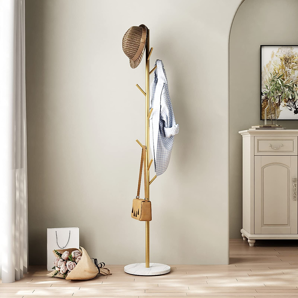 TIEOU Free-standing Coat Rack Gold, Hat Hanger Hall Tree, Metal Coat Hangers for Scarves, Backpacks, Umbrellas, Purses, Simple Coat Stand, Stylish Coat Tree with Stable Round Marble Base, 8 Coat Hooks