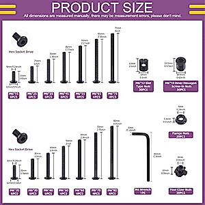Swpeet 181Pcs M6 x 15mm - 80mm Black Zinc Flat Head Hex Socket Cap Baby Crib Bed Bolts and Threaded Insert Nuts with Flange Nuts and 4 Pronged Tee T Nuts Kit with Allen Wrench