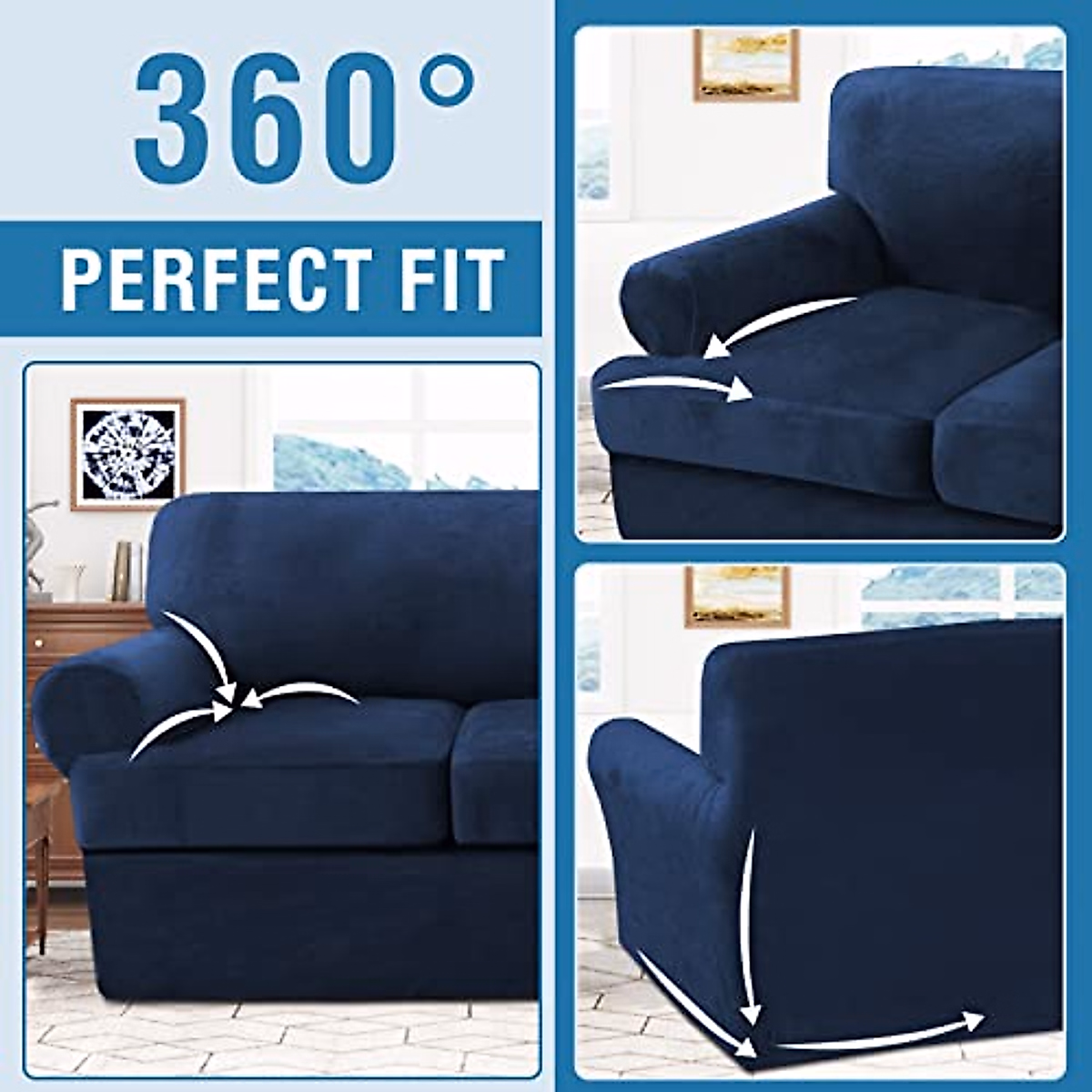 H.VERSAILTEX Sofa Cover 4 Piece T Cushion Sofa Slipcovers Thick Velvet Couch Cover Furniture Protector Stretch T Cushion Sofa Covers for 3 Cushion Couch with 3 Individual T Cushion Covers, Navy