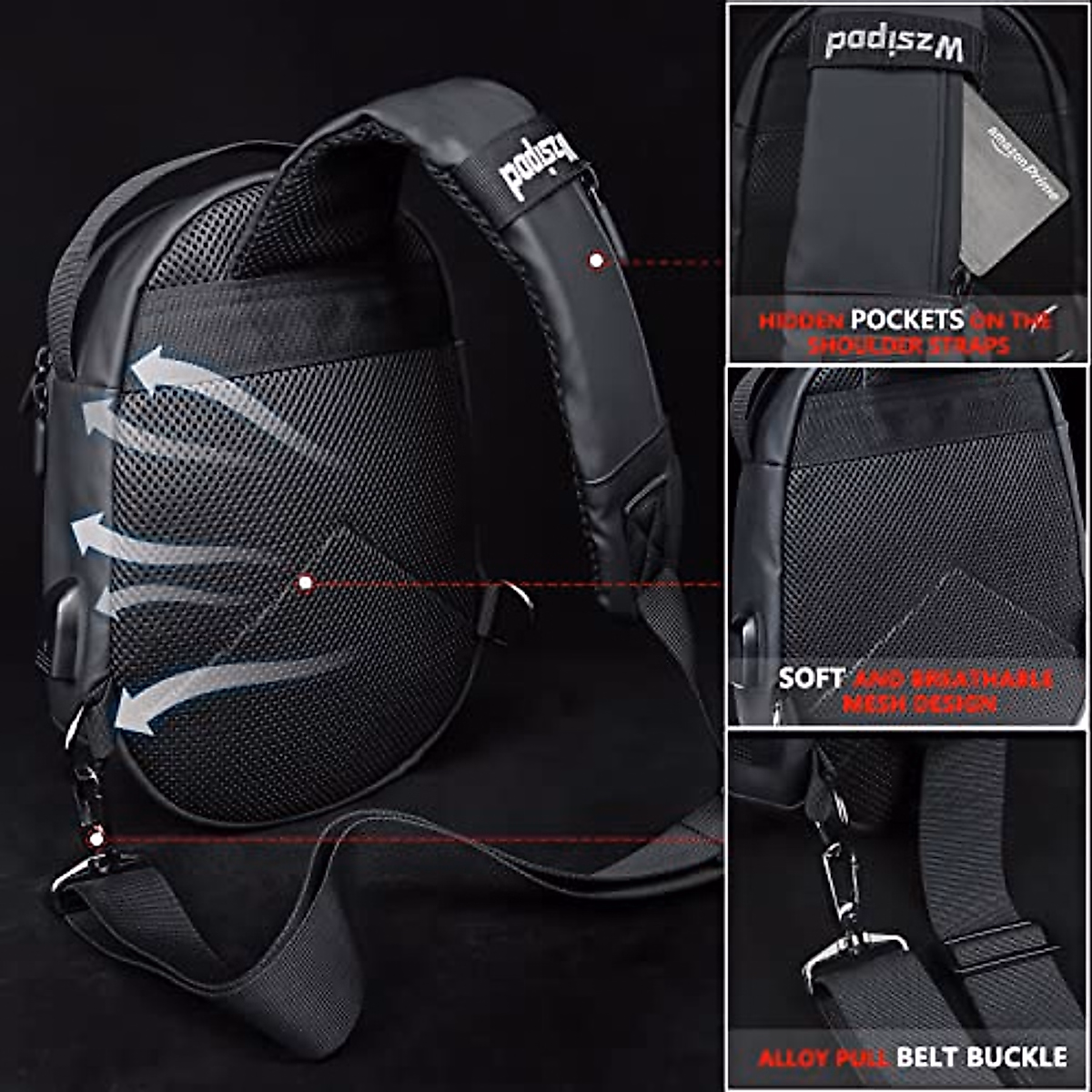 Wzsipod Small Hard Shell Sling Bag for Men Women, Crossbody Backpack Bag for Teenager, One Strap Chest Bags for Men, Lightweight Quest 2 Case With USB-A Charger Port for Daily Cycling Hiking (Black)