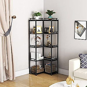 FLE 5 Tier Corner Shelf,Modern Corner Bookshelf Industrial Corner Ladder Shelf Small Bookcase Plant Stand for Living Room, Kitchen, Home Office (Black)