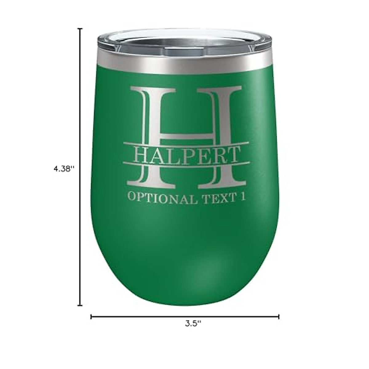Personalized 12oz (17 Colors) Powder Coated Stainless Steel Stemless Wine Tumbler with Lid, Custom Etched, Customized Gift for Women Her, Wine Lover, Halpert Monogram Initial Name (Green)